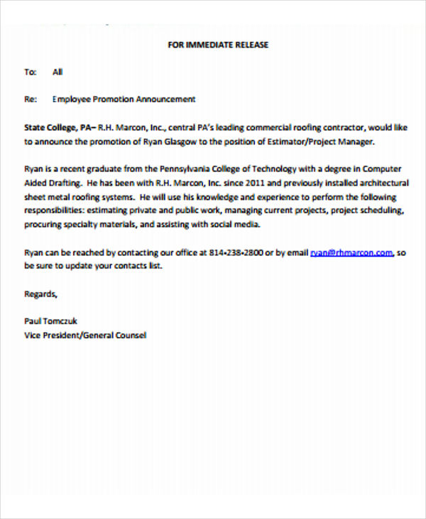 5 Promotion Announcement Templates PDF DOC Pages Google Docs Outlook