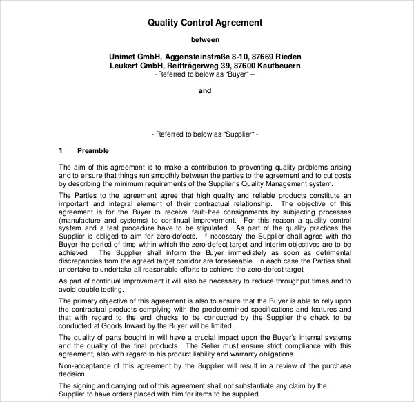 8+ Simple Quality Agreement Templates - PDF, DOC