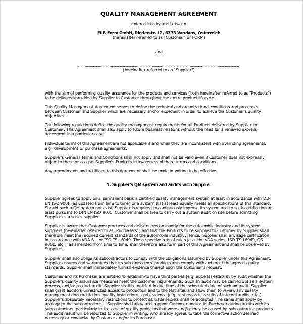 8+ Simple Quality Agreement Templates - PDF, DOC