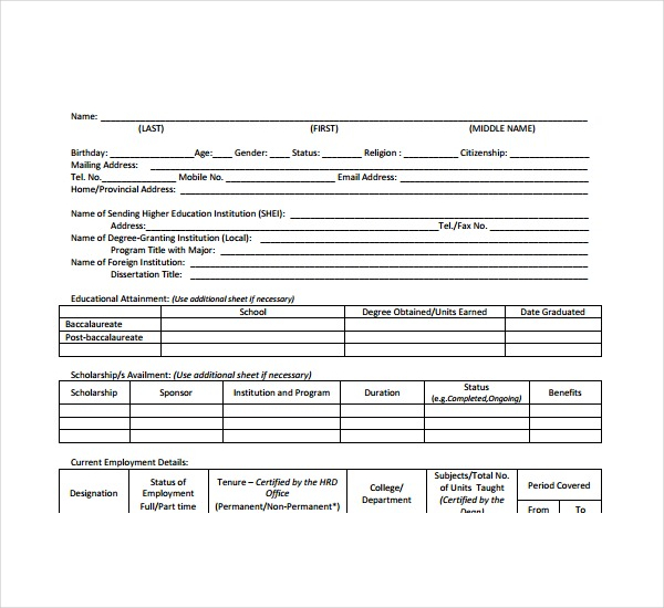 College Sample Scholarship Application Form HQ Template Documents