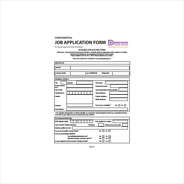 5+ Teacher Application Form Templates - PDF