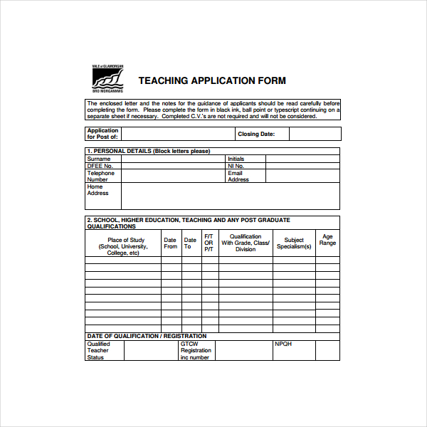 5+ Teacher Application Form Templates - PDF