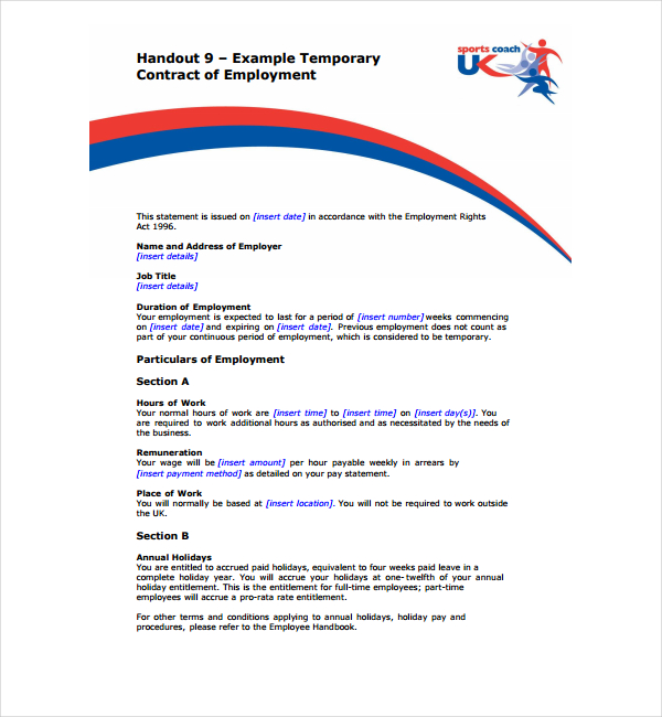 9+ Temporary Employment Contract Templates - Word, Pages, Docs