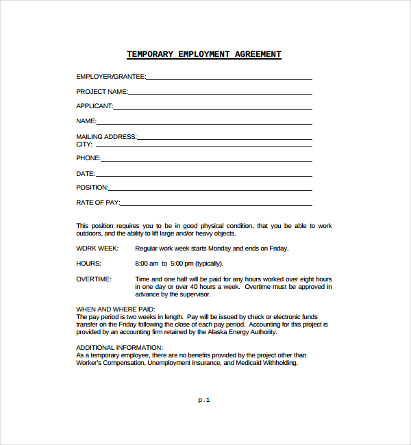 9+ Temporary Employment Contract Templates - Word, Pages, Docs