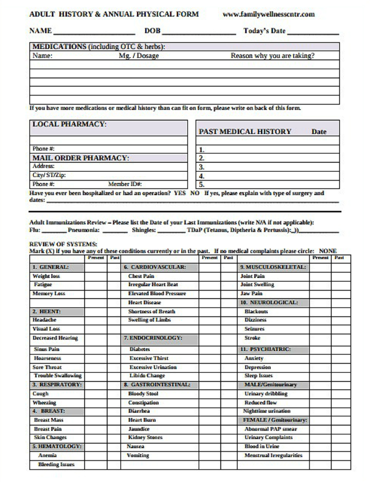 Printable History And Physical Form Template Free Printable Templates