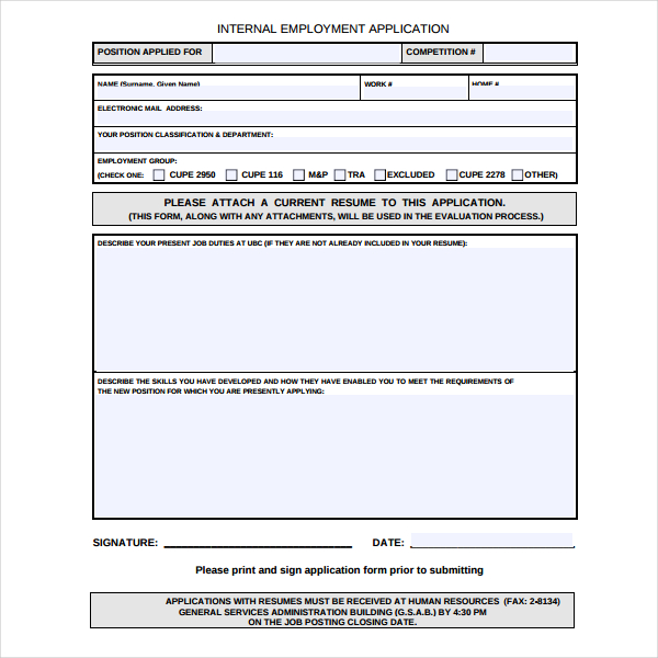 4+ Internal Application Form Templates - PDF