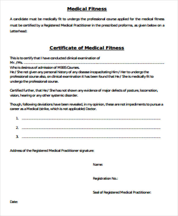 Medical Fitness Certificate Word Format