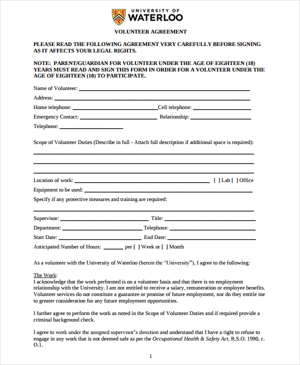 8+ Volunteer Agreement Templates - PDF, DOC