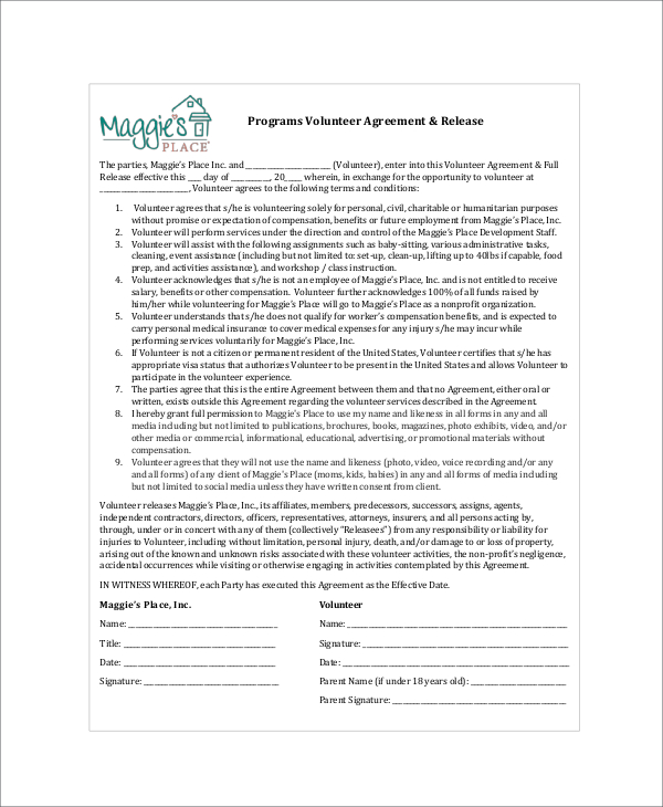 8+ Volunteer Agreement Templates - PDF, DOC