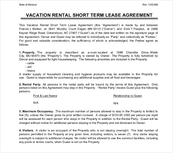 17 Short Term Rental Agreement Templates PDF DOC