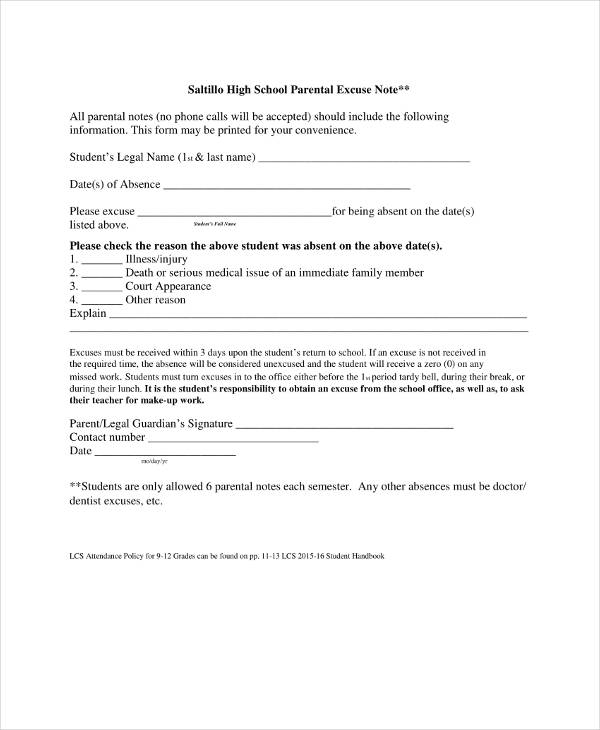 8+ School Excuse Note Templates - PDF