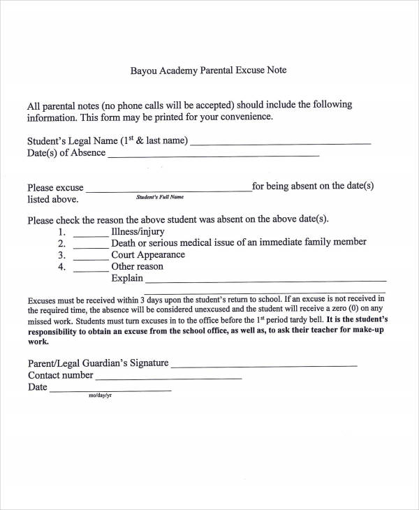 11+ Excuse Note Templates in PDF