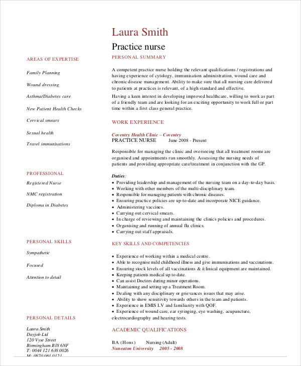 14+ Nursing CV Sample & Templates - PDF, PSD, AI, DOC, Publisher ...