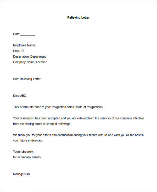 Relieving Letter Sample In Word Format Sample Resignation Letter