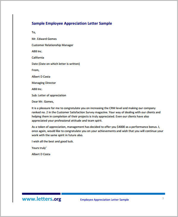 Appreciation Letter For Employees For Your Needs Letter Template 