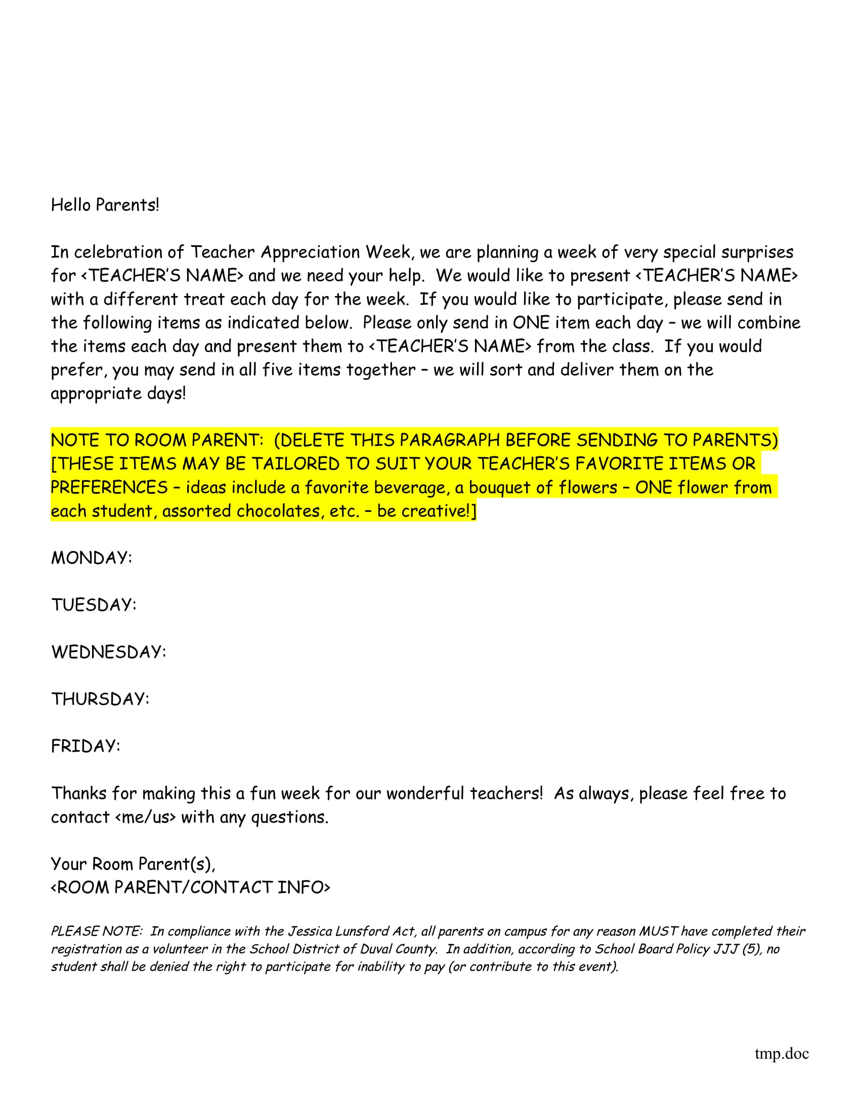 Teacher Appreciation Template Letter Printable Templates