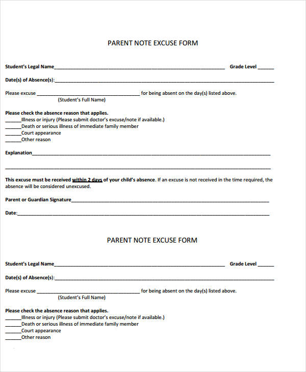 11+ Excuse Note Templates in PDF