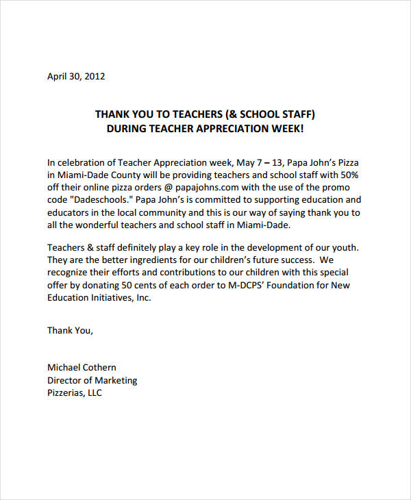 11 Teacher Appreciation Letter Templates PDF DOC