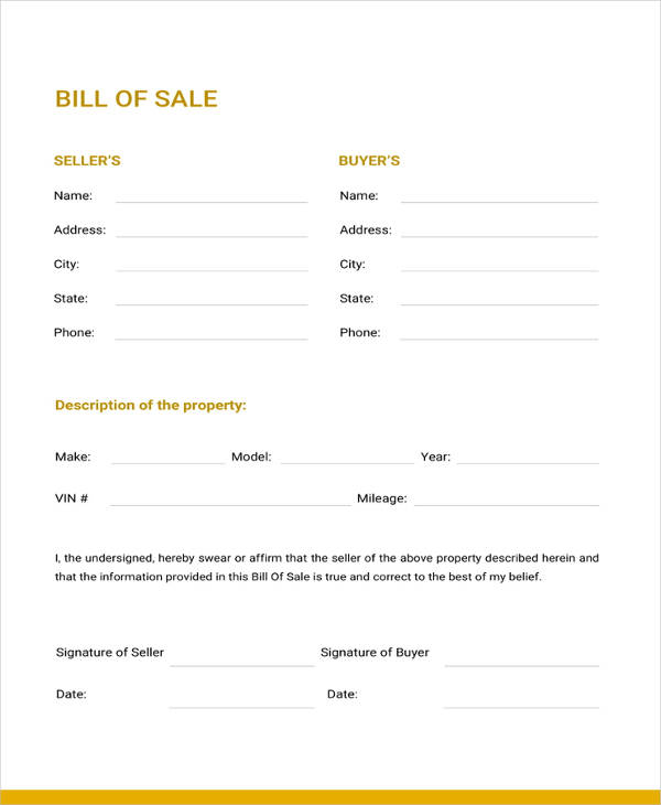 Print Free Bill Of Sale Template