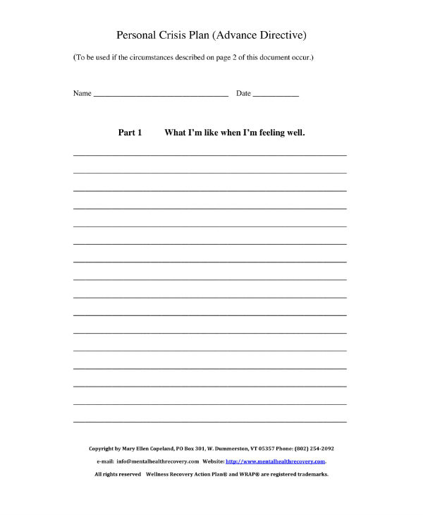 Free Printable Wellness Recovery Action Plan Template