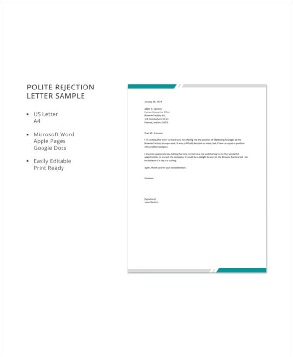 14+ Polite Rejection Letter - Free Sample, Example format Download
