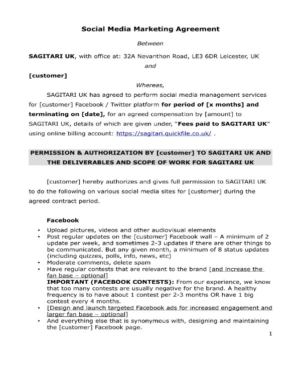 Social Media Contract Template Free Printable Templates