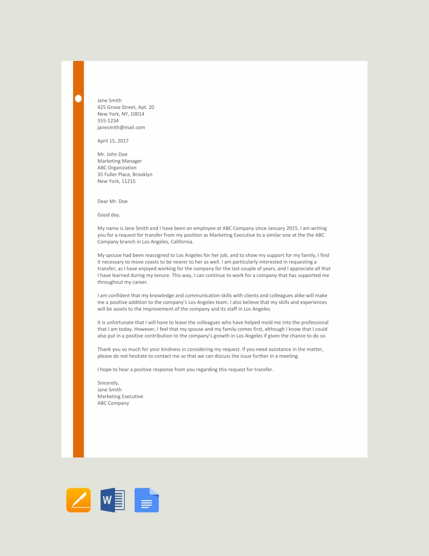 44+ FREE Transfer Letter Templates - PDF, Google DOC, Excel, Apple Pages