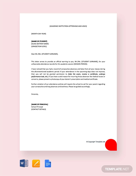 Attendance Warning Letter Template - 11+ Word, PDF Format Download!