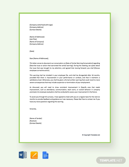 14 Verbal Warning Follow up Letter Templates Free Samples Examples 