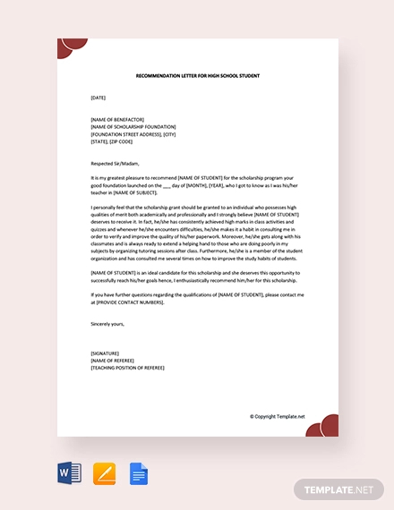 14+ High School Recommendation Letter Template - 14+ Free Word, PDF ...