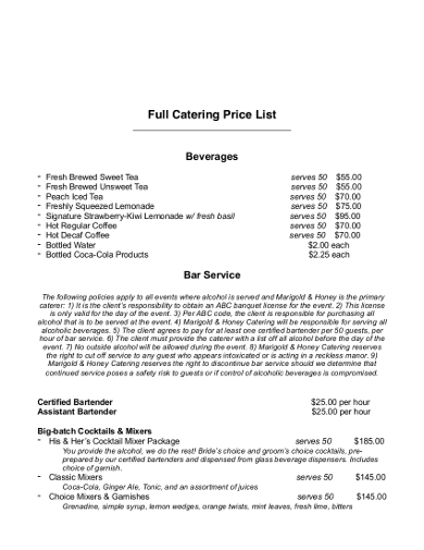 13 Catering Price List Templates PDF