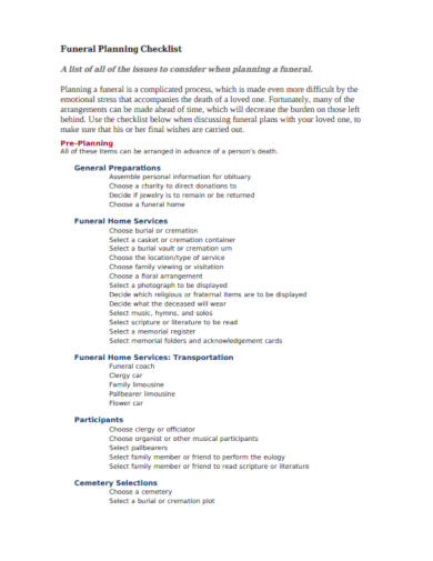 15+ Funeral Checklist Templates in PDF | Word | XLS