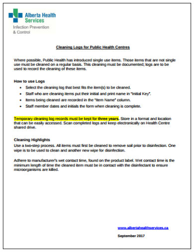 Cleaning Log Templates - PDF