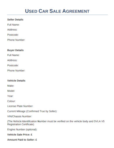 Used Vehicle Sales Agreement Template DocTemplates