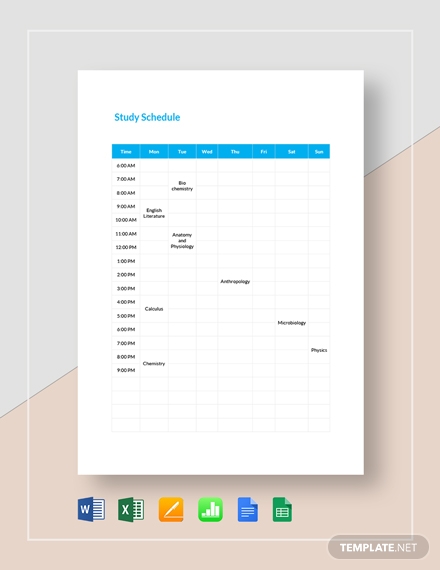 13 Study Schedule Templates Google Docs Google Sheets MS Excel MS Word Numbers Pages 