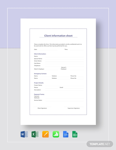 8+ Client Information Sheet Templates - PDF, MS Word, Apple Pages