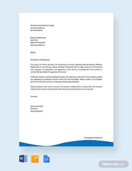 Contract Cancellation Letter Templates Google Docs MS Word Pages PDF