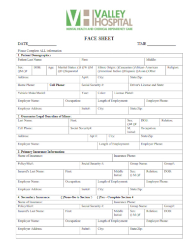 12 Medical Face Sheet Templates Word Pages PDF