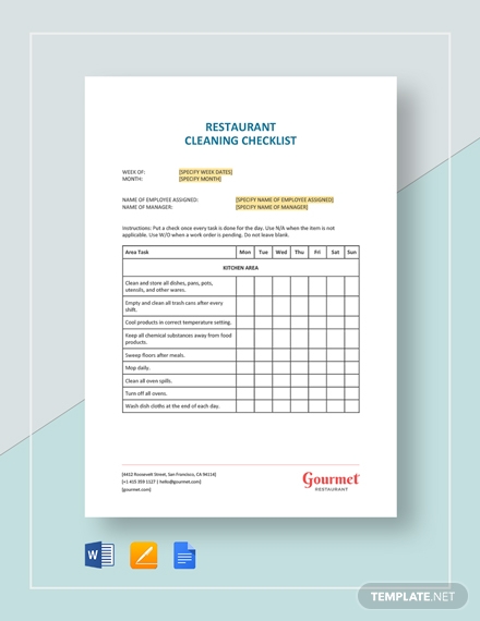 6 Restaurant Cleaning Checklist Templates Google Docs MS Word 