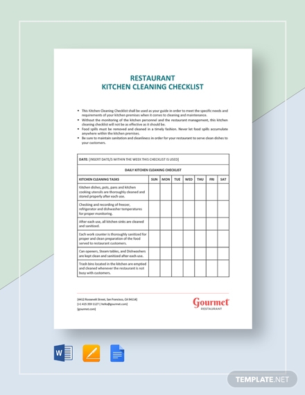 6+ Restaurant Cleaning Checklist Templates - Google Docs, MS Word ...