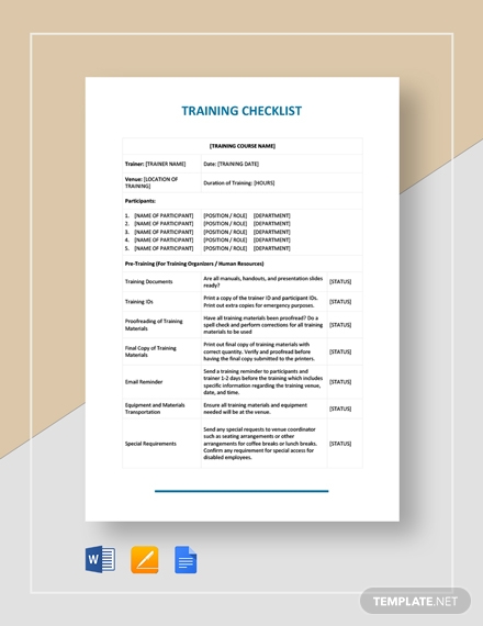 Training Checklist Templates - Google Docs, MS Excel, MS Word, Pages, PDF
