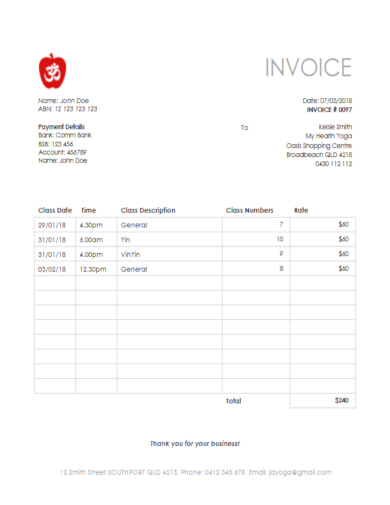 6 Yoga Invoice Templates Docx PDF