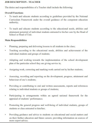 10+ Teacher Job Description Templates - PDF