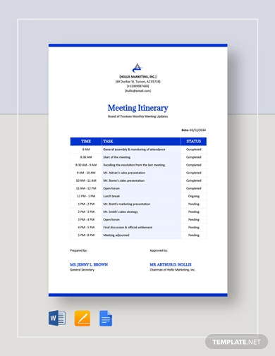 9+ Meeting Itinerary Templates in Google Docs | Word |Pages | XLS ...