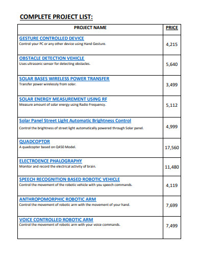 Sample Project List Template