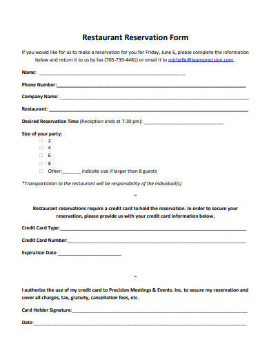 5 Restaurant Reservation Form Templates Google Docs Word Pages PDF