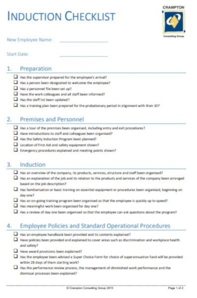 10+ Induction Checklist Templates - Google Docs, Word, Pages, PDF