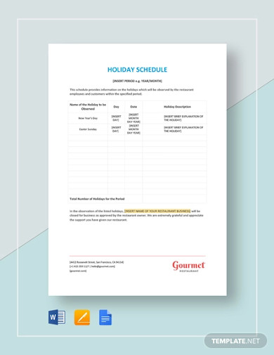 11 Holiday Schedule Templates Free Word Excel PDF Format Download 