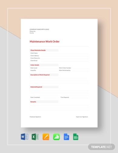 15+ Maintenance Work Order Templates in Google Docs | Google Sheets ...
