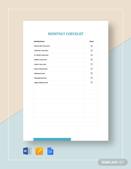 Monthly Checklist Template - 8+Free PDF Documents Download